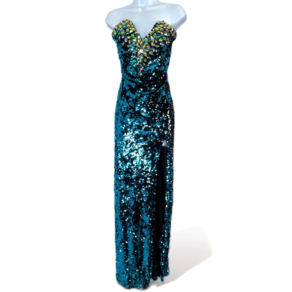 JOLENE Prom Pageant Strapless Teal Sequins & Colored Rhinestones Dress ...